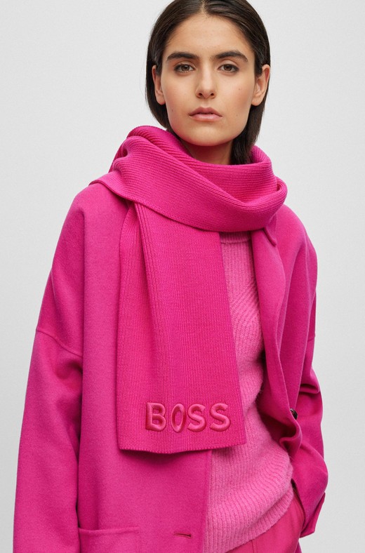 BOSS Ribbed scarf in virgin wool with embroidered logo Emporium